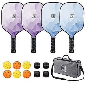 Graphite Pickleball Paddles Set of 4, 2023 USAPA Approved, Carbon Fiber Surface (CHS), Polypropylene Lightweight Honeycomb Core, 3 Indoor 3 Outdoor Pickleball, 4 Replacement Soft Grip + Bag