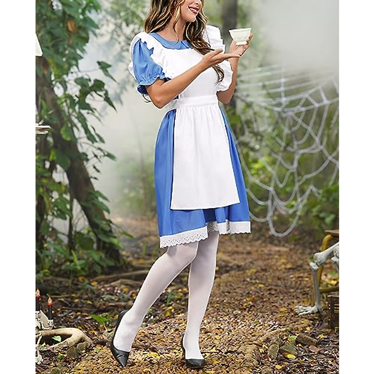 Spadehill Women's Halloween Puff Sleeve Lace Hemline Costume Alice Adult Princess Cosplay Dress Blue White S