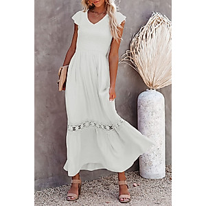 Ferlema Womens Summer Boho V Neck Sleeveless Solid Color Crochet Hem Ruffle A Line Beach Long Maxi Dress White Medium