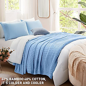 LBRO2M Waffle Blanket Twin Size Bamboo Cotton Cooling,Summer Lightweight Bed Sofa Couch Throws Blankets,Super Soft Cool Weave Travel for All Season, Lake Blue