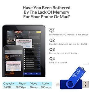 BorlterClamp 64GB USB Flash Drive Dual Port Memory Stick, OTG Thumb Drive with Micro USB Drive Port for Android Smartphone Tablet & Computer (Blue)