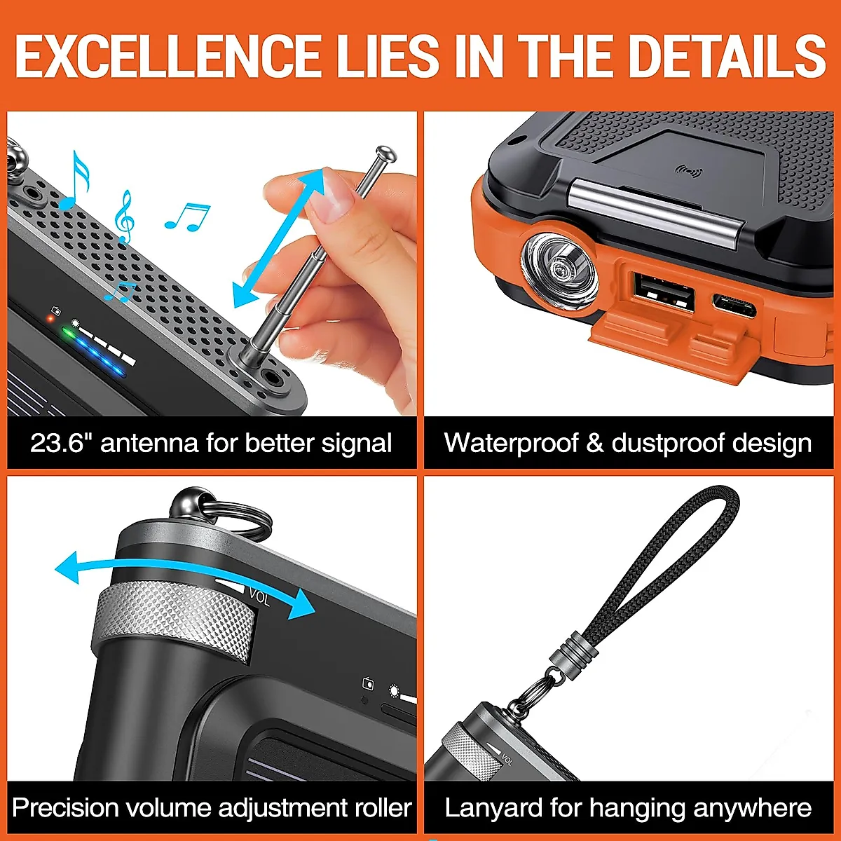 Solar Power Bank 36800mAh, Emergency FM Radio & Bluetooth Speaker, Built-in 2 Cables and Kickstand 15W Fast Charging LED Flashlight, USB C Input/Output Compatible with All Mobile Devices (Black)