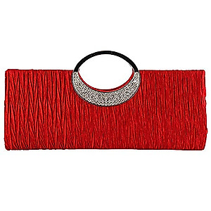 TOPCHANCES Women's Evening Party Rhinestone Satin Pleated Evening Wedding Party Clutch Purse Wallet Handbag (Red)