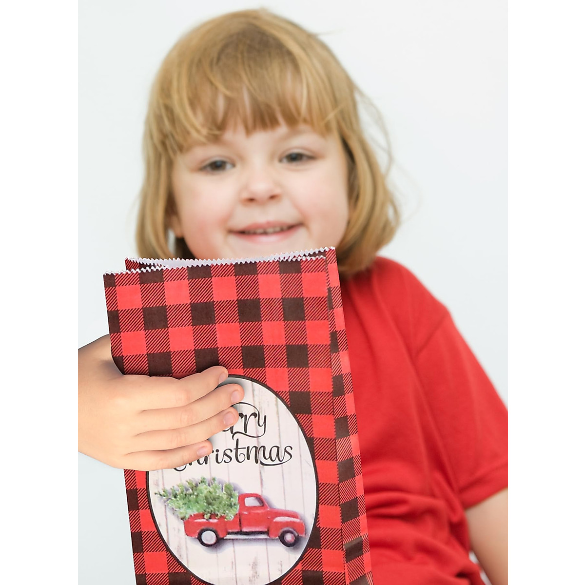 Iconikal Buffalo Plaid with Red Truck Paper Treat Bags, Red, 40-Count Set
