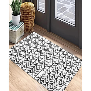 Indoor Outdoor Mats, Black and White Leaf Tile Pattern Door Mat, Non-Slip Absorbent Resist Dirt Entrance Mat Washable Welcome Mats for Entryway, Low-Profile Floor Mats