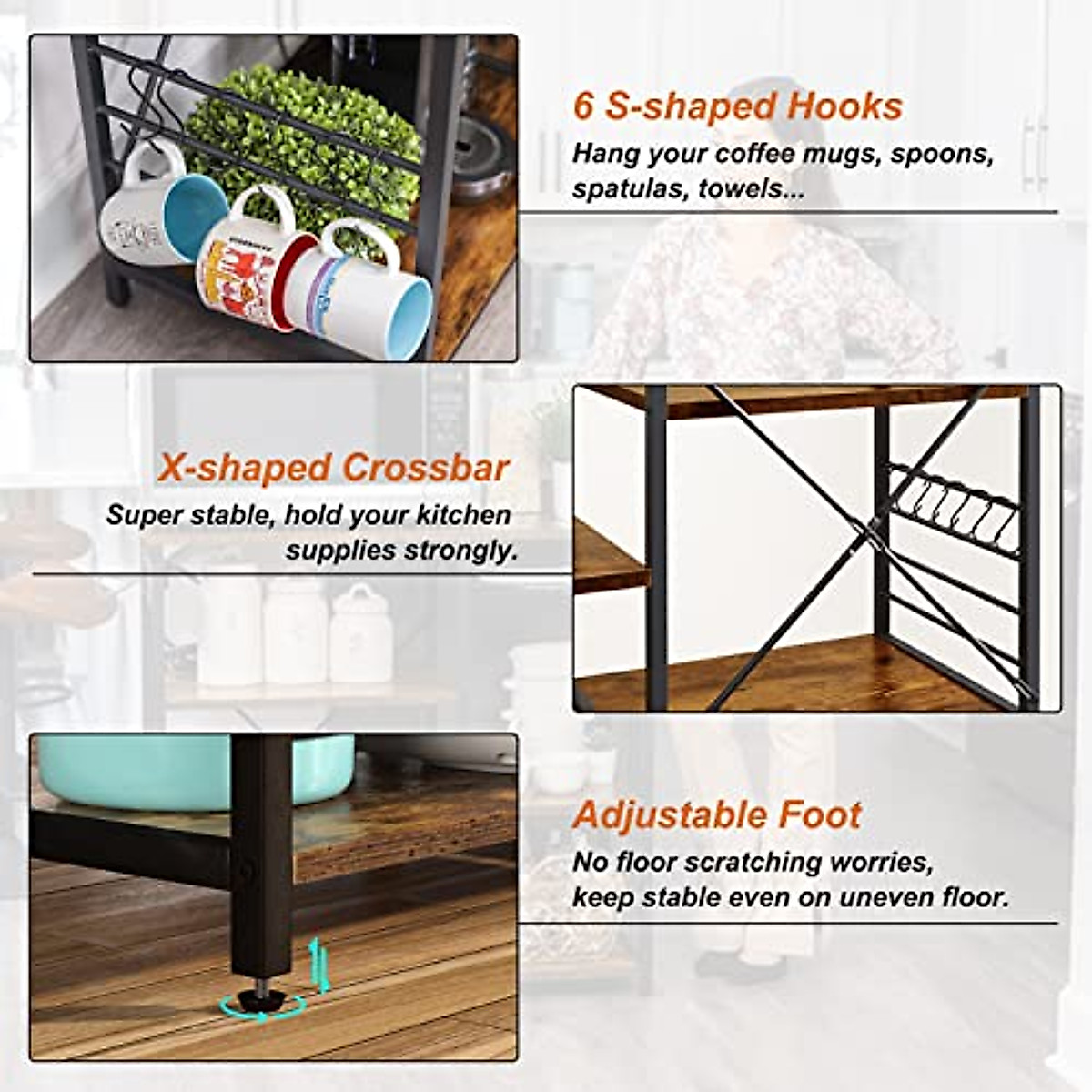 SUPERJARE Kitchen Bakers Rack with Power Outlet, Coffee Bar Table Station, Microwave Stand with 6 S-Shaped Hooks, Wire Basket, Storage Shelf - Rustic Brown