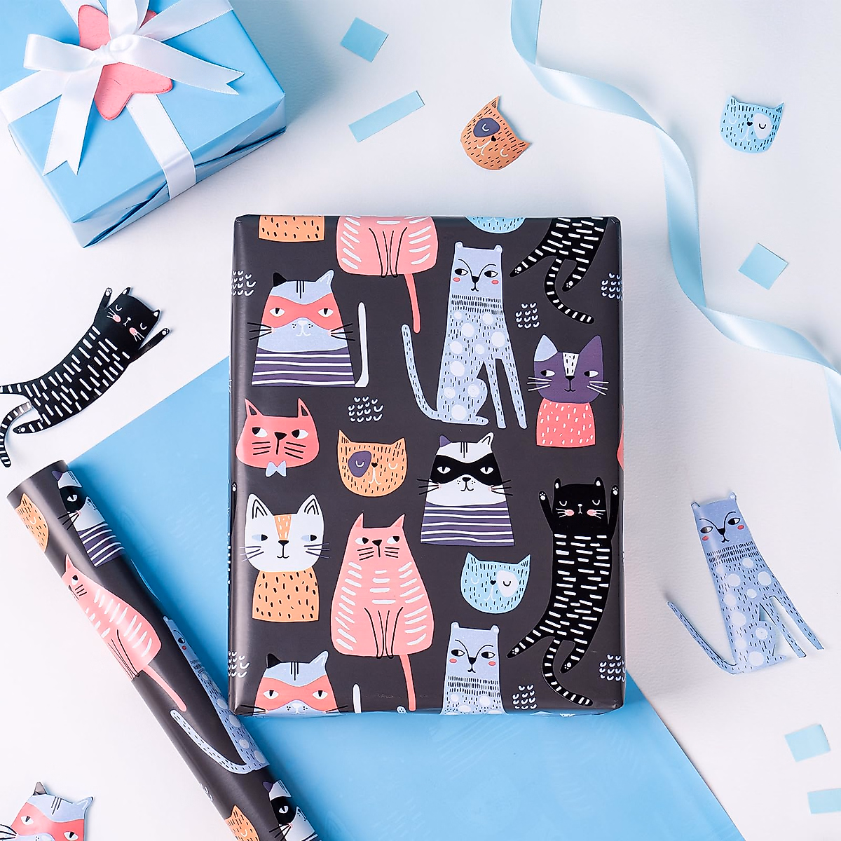 WRAPAHOLIC Reversible Wrapping Paper - Mini Roll - 17 Inch x 33 Feet - Adorable Cat and Solid Blue Design for Birthday, Holiday, Party, Baby Shower