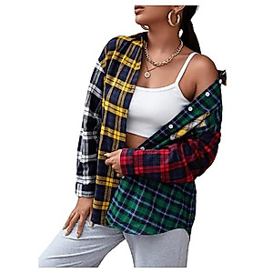 Floerns Women's Tartan Color Block Long Sleeve Plaid Button Down Blouse Multi S