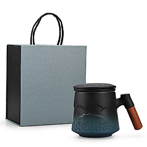 NCQIXIAO Tea Cup with Infuser and Lid, Gradual Mountain and Spray Tea Mug Cups with Infuser, Wood Handle Ceramic Coffee Mug with Lid Tea 430ml/14.50 OZ (Gradient Blue)