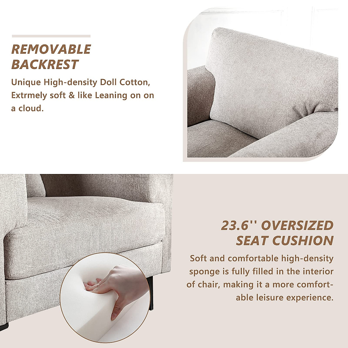 CDCASA Accent Chair, Linen Fabric Oversized Mid Century Modern Chair Set of 1, Comfy Upholstered Armchair Reading Accent Chairs Sofa Chairs for Bedroom Living Room, Light Brown