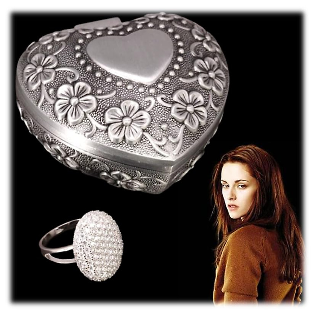 925 Sterling Silver Bella Swan's Wedding Ring ~ inlaid CZ/Moissanite diamonds ~ Twilight Bella Swan's Micro Pavé engagement ring ~ With Heart Shape Metal Box ✬✬✬By Fantasy World✬✬✬, Metal, Moissanite