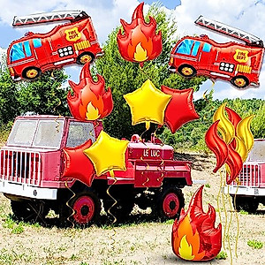 Glimin 18 Pcs Fire Truck Balloons Set 4 Aluminum Foil Flame Balloon, 2 Fire Truck Firefighter Balloon, 6 Fire Balloons, 6 Star Balloons for Rescue Themed Decoration Firefighter Birthday Party Supplies