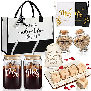 Sunnychicc 16 Pcs Wedding Gifts for Couple Mr Mrs Honeymoon Gifts Christmas Bride Groom Gifts Engagement Gifts Include Glass Date Night Dice Passport Holder Baggage Tags and Jar Tote Bag(Mr and Mrs)