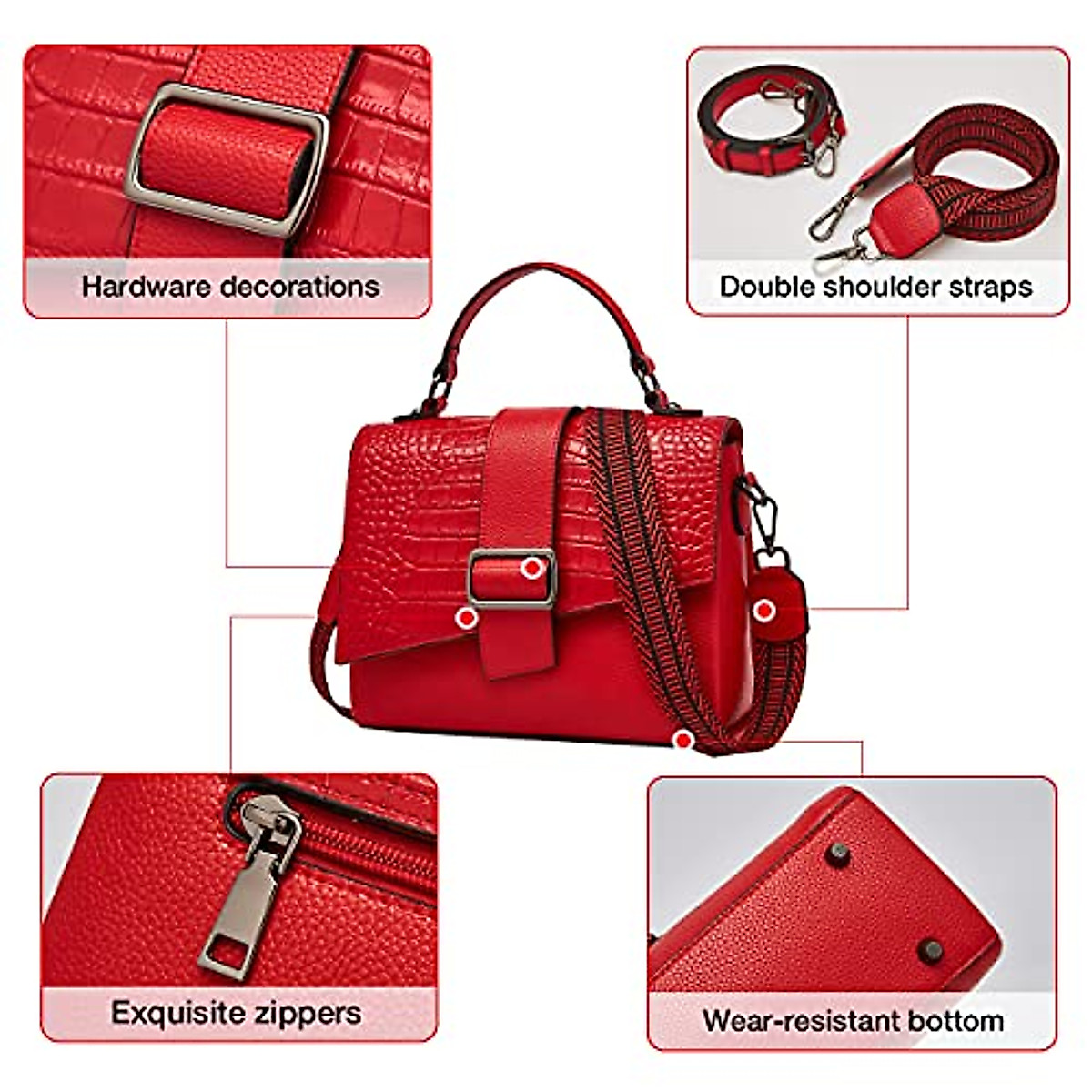 Small Top-handle Bags for Women, Genuine Leather Crocodile Skin Ladies Crossbody Bags with 2 Shoulder Straps Womens Small Satchel Purses and Handbags (Red)