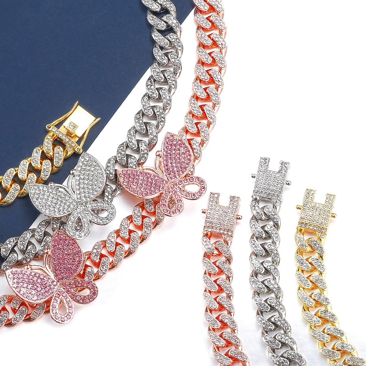DXZNBEST 18 Inch 13mm Butterfly Cuban Necklace Collars Miami Butterfly Cuban Link Choker Iced Out Bling Butterfly Chain for Women Hip Hop Rapper Mother's Day Christmas