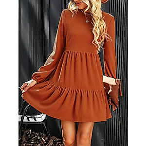 CUPSHE Women's Knitted Dresses Casual Long Sleeve Crew Neck Flowy Tiered Burnt Orange