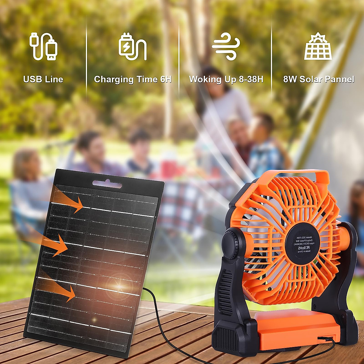 Dkois Solar Fan Camping Fan,Battery Powered Fan Rechargeable Portable Fan with 8W Solar Panel, Solar Powered Fan Camping Fan with Light, Outdoor Tent Fan Camping Essentials