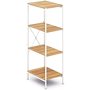 4 Tier Storage Shelves Narrow Shelf Unit Metal Shelves Shelf Free Standing Shelf Organisers Modern Shelf Ladder Shelf Bookshelf for Bathroom Kitchen Bedroom Hallway Steel & Wooden White & Beige