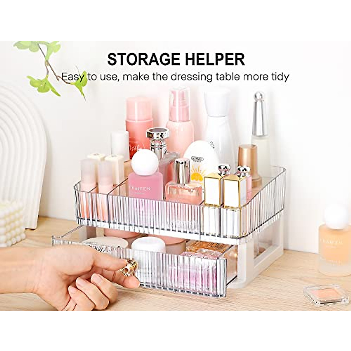 GORET Acrylic Makeup Organizer, Large Capacity Makeup Storage with Drawer for Vanity Bathroom Countertop Perfume Lipstick Brushes Skincare Eyeshadow