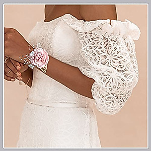 XAN Bridesmaid Wrist Flower Corsage Bride Silk Wrist Flower, with Artificial Pearl Bead Elastic Bracelet Wristband Gold Leaf, Used for Wedding Ball Hand Flower Decoration (Grey Combination)