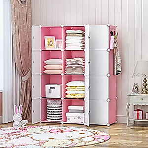 YOZO Cube Storage Organzier Portable Closet Wardrobe Bedroom Dresser (42x14x56 inches) Portable Closet Cube Shelf Armoire Pantry Cabinet, 12 Cubes, Pink