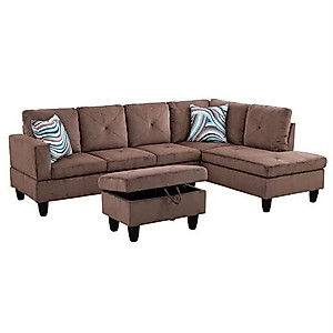 SOCOUCH Corduroy Fabric Sectional Corner Sofa, L-Shape Couch with Storage Ottoman, Living Room Furniture Sets Design for Large Space Dorm Apartment Office, Right Chaise, Brown
