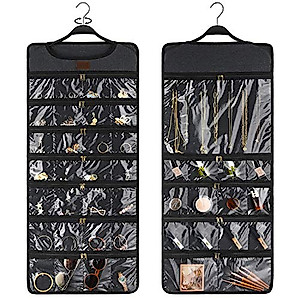 SMRITI Hanging Jewelry Organizer with Dual Zippered Pockets Canvas Double Sided Rotating Hanger Necklace Hanging Wall Organizer Earring Dustproof Holder Wall Mount Accessories Display Bag(Dark Grey)