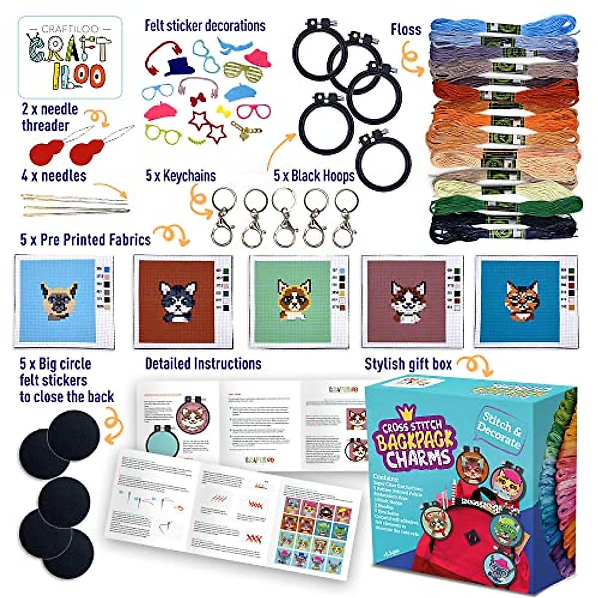 Cats 5 Stamped Cross Stitch Kits for Kids.Needlepoint Kits for Beginners. Embroidery Kit for Kids. Crossstitch Kit for Beginners and Girls (Cats)