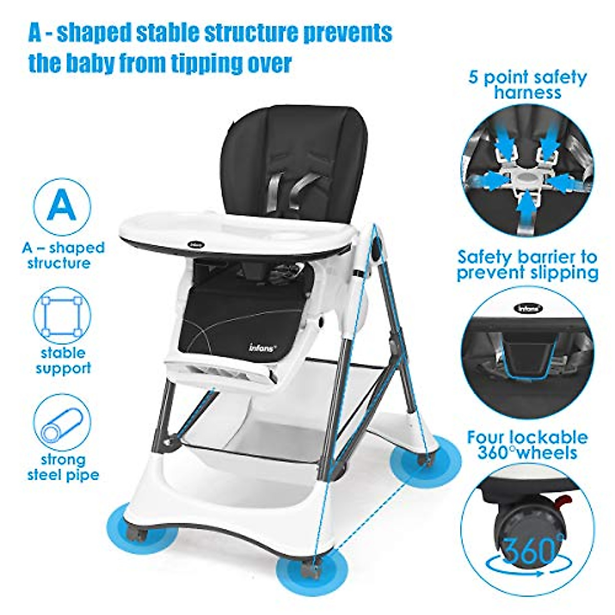 INFANS High Chair with One-Hand Removable Tray, 4 Lockable Wheels & Large Storage Basket - Multi-Adjustable Height, Recline & Footrest, Removable Cushion, Foldable for Baby, Infant& Toddler, Grey