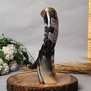 Bhartiya Handicrafts Viking Drinking Horn with Stand - Unique Genuine Ox Horn - Handmade Horn- Mjolnir Carved Horn - Thor Horn 4 pieces