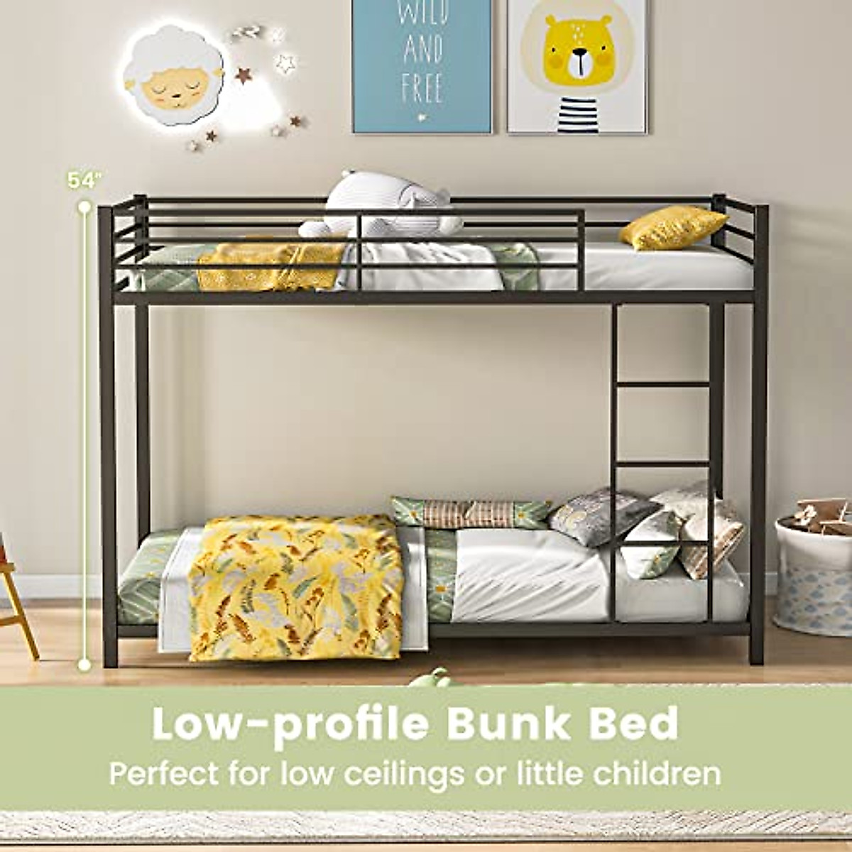 Giantex Metal Bunk Bed Twin Over Twin, Low Profile Bunk Bed Frame with Ladder & Full Length Guardrail, Space-Saving Twin Size Bed Frame for Kids Teens, No Box Spring Needed, Black