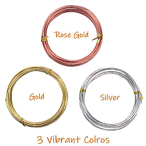 Cinvo 3 Rolls Craft Wire Jewelry Beading Wire Flexible Aluminum Wire Tarnish Resistant for DIY Jewelry Craft Making (12 Gauge/2mm Thick, Silver, Gold and Rose Gold)