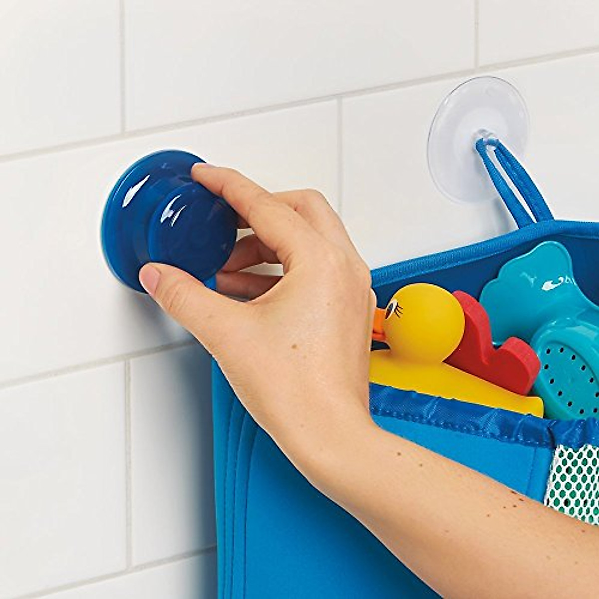 iDesign IDjr Neoprene Suction Cup Corner Bathroom Shower Caddy Basket, Baby Bath Toy Organizer, 13.5" x 11" x 11" - Blue