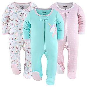 The Peanutshell Footed Baby Sleepers for Girls, Unicorn & Rainbow 3 Pack Set (9M) Pink