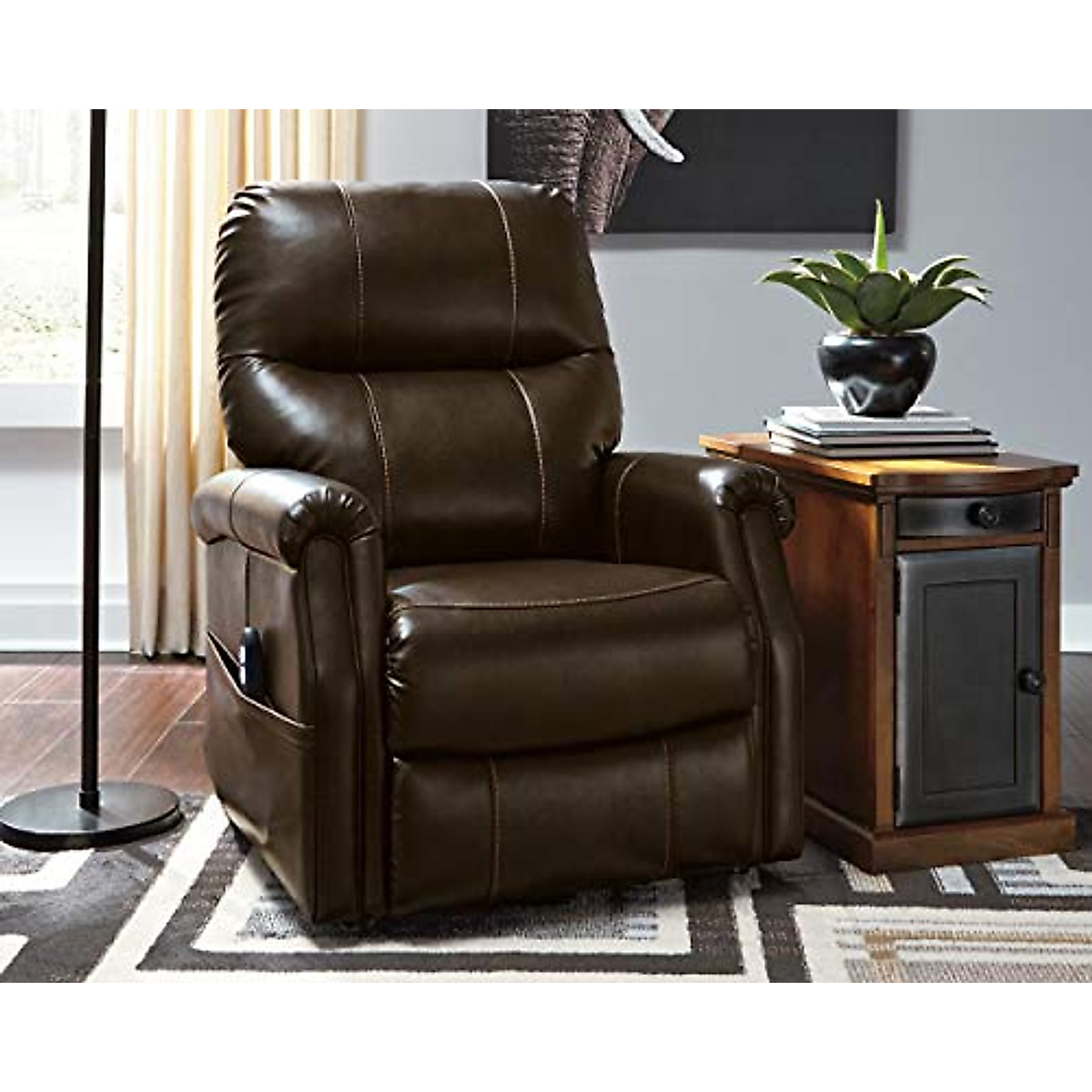 Signature Design by Ashley Markridge Faux Leather Modern Electric Power Lift Recliner for Elderly, Brown