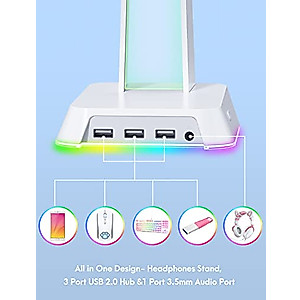 PHNIXGAM RGB Headphone Stand with 3.5mm AUX and 3 Port USB 2.0 Hub, Universal Gaming Headset Hanger Holder for Computer Gaming Gamer Accessories (White)