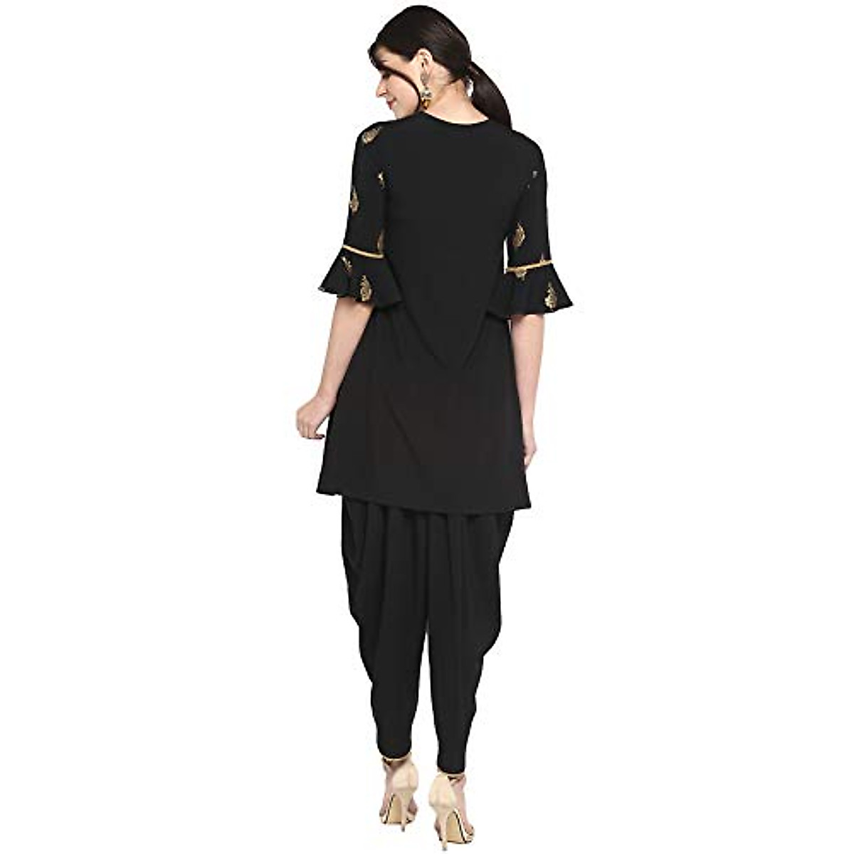 Janasya Indian Women's Black Poly Crepe Kurti with Dhoti Pant(SET182-KR-DH)
