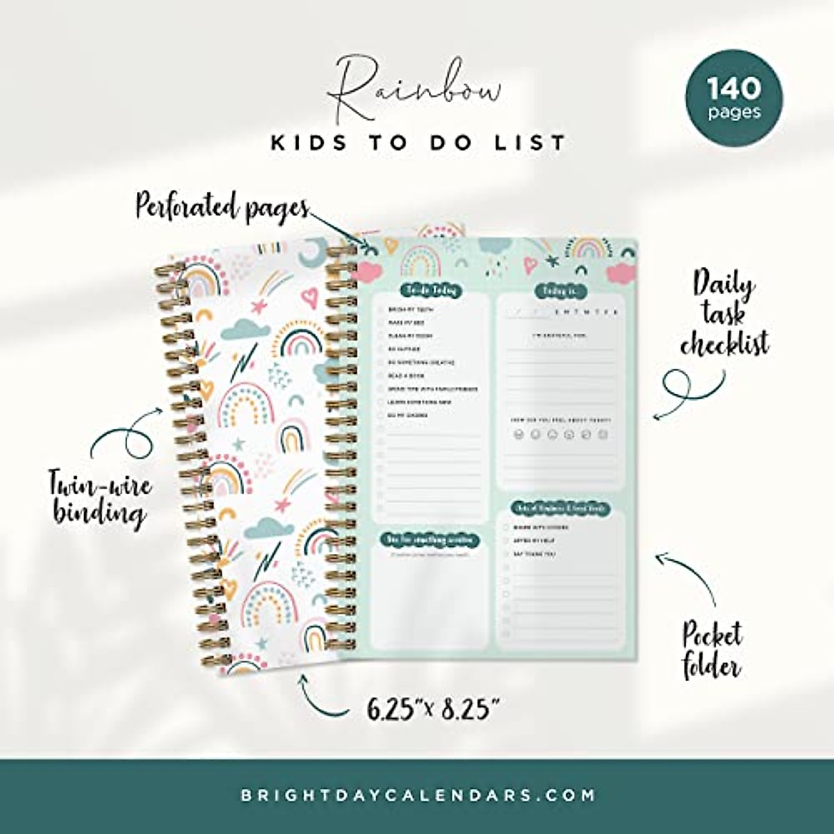 Kids To Do Chore List Daily Task Checklist Planner Time Management Notebook by Bright Day Non Dated Flex Cover Spiral Organizer 8.25 x 6.25 (Rainbows)