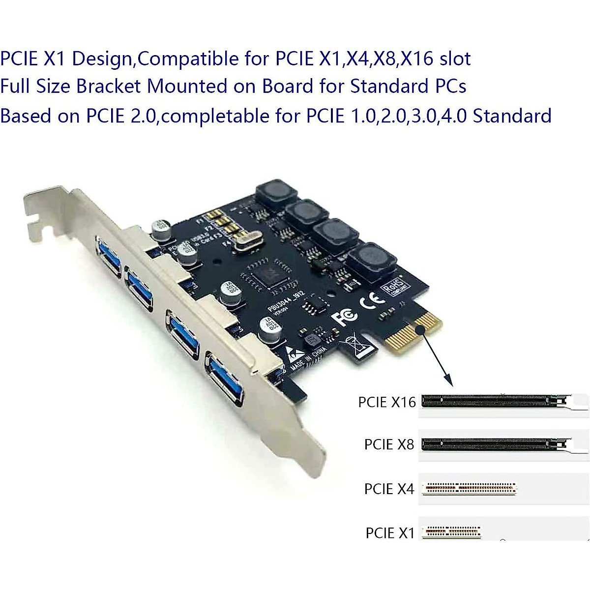 4 Ports PCIE USB 3.0 Card Super Speed 5Gbps PCI Express (PCIe) Expansion Card for Windows 11/10/8.1/8/7/Vista/XP/Server
