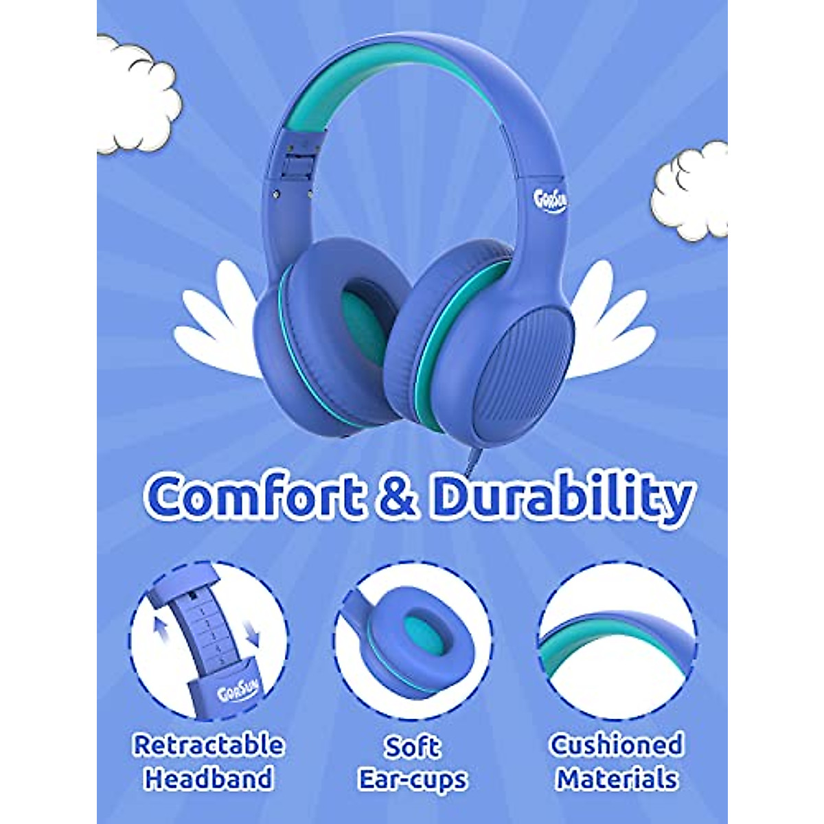 gorsun Premium A66 Kids Headphones with 85dB/94dB Volume Limited, in-line HD Mic, Audio Sharing, Foldable Toddler Headphones, Adjustable, Children Headphones Over-Ear for School Travel, Blue