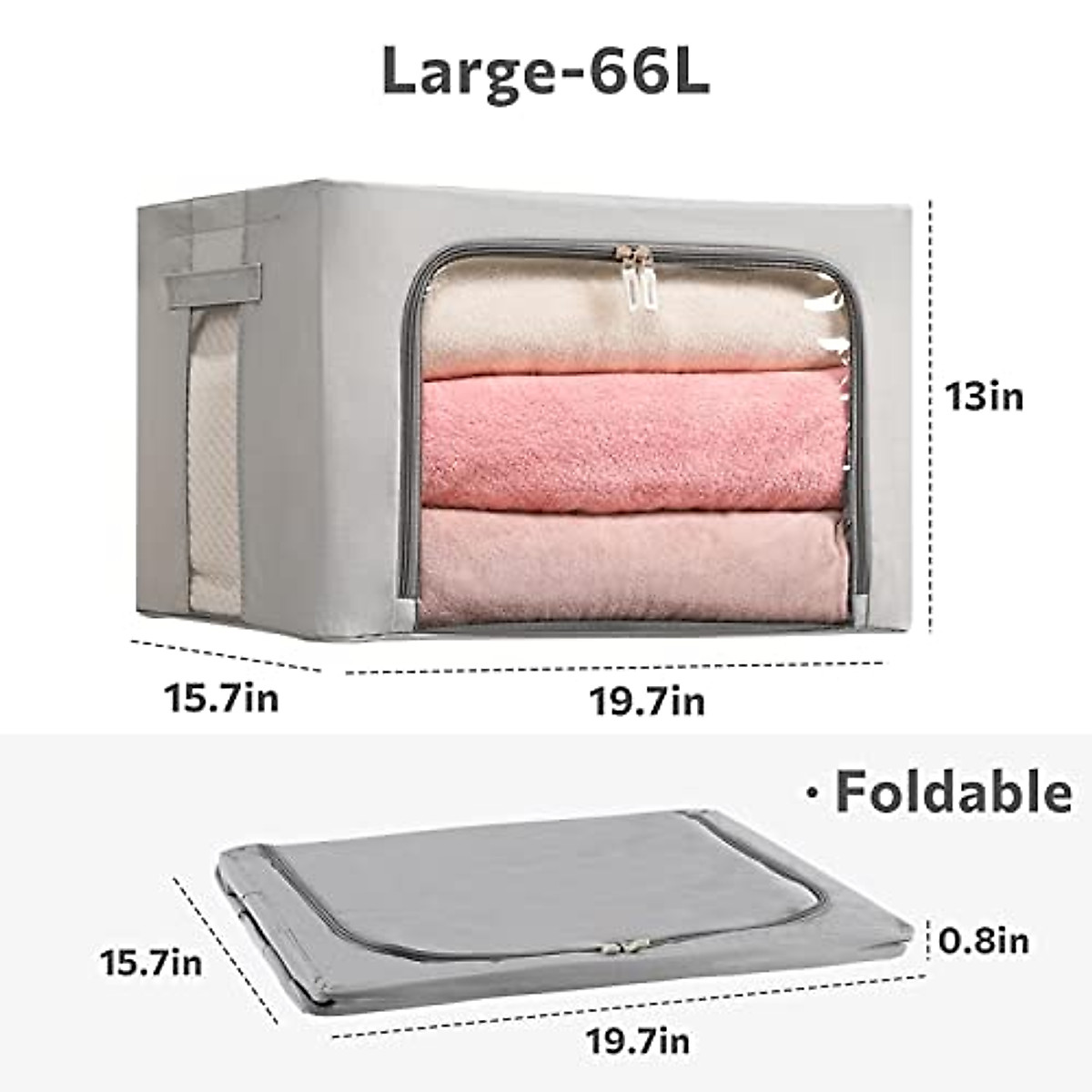 3Pack Frame Storage Box - Clothes Storage Bin Bags Oxford Fabric Foldable Stackable Container Organizer Set with Clear Window & Carry Handles Large Capacity (Grey, Large-66L)