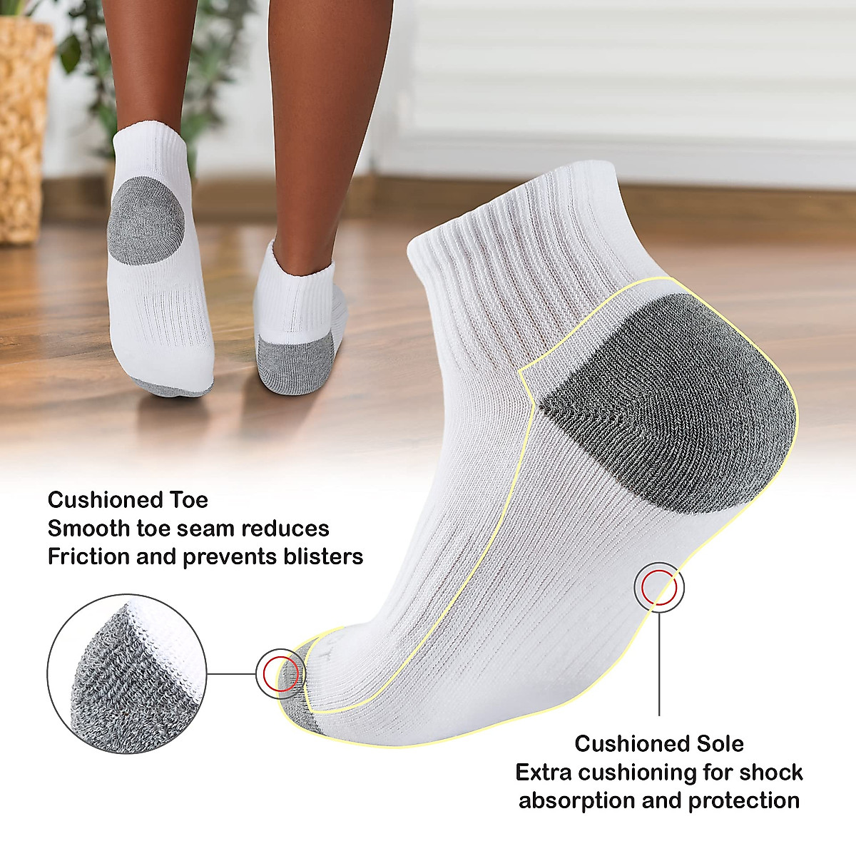 MONFOOT Women's and Men's 6 Pairs Daily Cushion Comfort Fit Performance Quarter Socks Large, multipack
