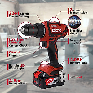 DCK Brushless Cordless Drill Set, 20V Max Electric Drill with 4.0Ah Battery 531in.lbs, 1/2Inch Keyless All-Metal Chuck, 2 Variable Speeds, Power Drill Kit for Screw Wood/Ceramic/Tile/Steel KDJZ04-13