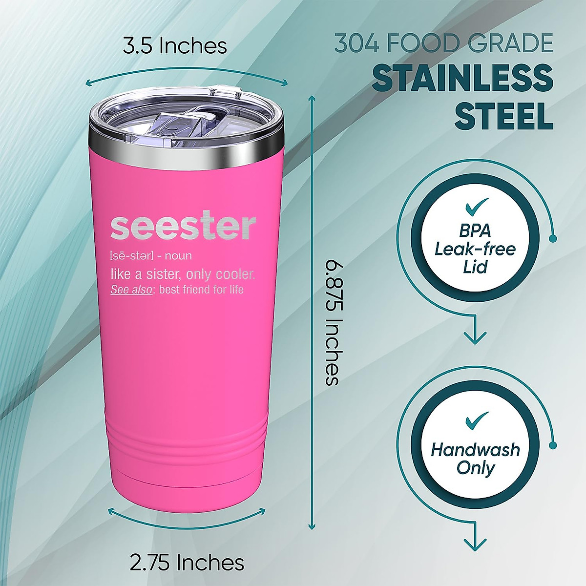 shop4ever Seester Definition Insulated Tumbler 20 oz. with Lid, Stainless Steel Cups Travel Coffee Mug Funny Gift for Sister Best Friend (Pink)