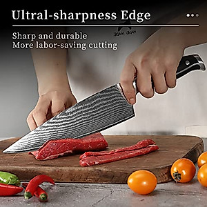 Damascus Knife Set with Block for Kitchen, VG10 Steel and Triple Rivet Handle, Included Serrated Steak Knife Set of 6, Meat Fork, Chef Knife Set, Knife Sharpener,Kitchen Scissor, Knife Block