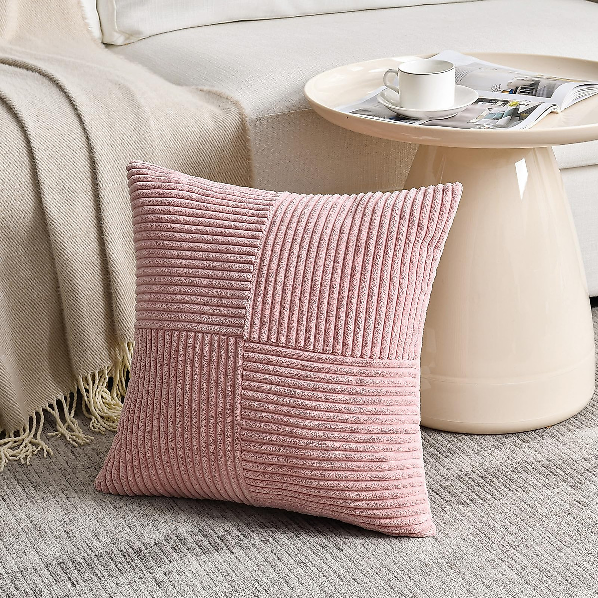 Fancy Homi 2 Packs Blush Pink Decorative Throw Pillow Covers 18x18 Inch for Living Room Couch Bed, Rustic Farmhouse Boho Home Decor, Soft Corss Corduroy Patchwork Textured Square Cushion Case 45x45 cm