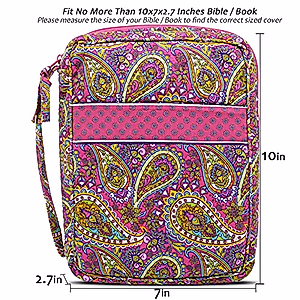 Bible Covers for Women, Quilted Bible Case Pink Floral Cotton Cloth with Handle and Pocket, Large 10x7x2.7 Inches