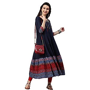 Yash Gallery Women's Cotton Embroidered Anarkali Kurta (Blue)