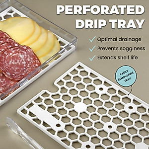 GlossyEnd Deli Meat and Cheese Storage Container with Tong, Bacon Storage Container with Perforated Tray for Freshness, Clear Durable Plastic - Dishwasher and Freezer Safe - Size: 11” x 6.5” x 2”