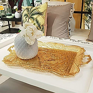 Gold Decorative Turkish Ottoman Tea Coffee Serving Tray with Handles Rectangle for Bar Outdoor Dresser Cups Moroccan Kitchen Perfume Table Party Wedding Vanity Bathroom Counter Candle